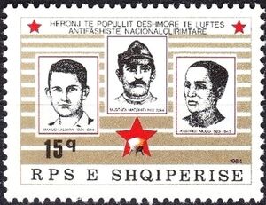 Stamp: Manush Alimani, Mustafa Matohiti, Kastriot Muço (Albania(Freedom ...
