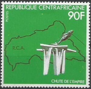 Stamp: Toppled Bokassa statue. (Central African Republic(Downfall of ...