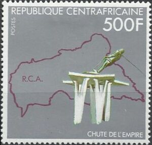 Stamp: Toppled Bokassa statue. (Central African Republic(Downfall of ...