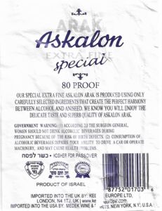 Etiqueta de bebida: Askalon Arak (Barkan Wine Cellars Ltd., Israel) Col ...