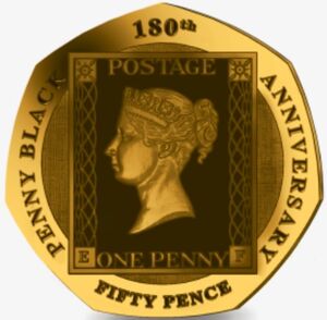Coin: 50 Pence (180th Anniversary of the Penny Black Stamp. Gold ...