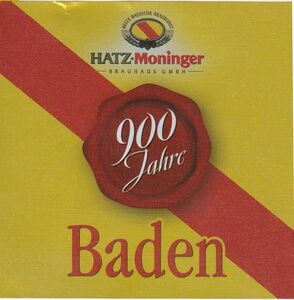 Drink Label: 900 Jahre Baden (Brauerei Moninger AG, Germany, Federal ...