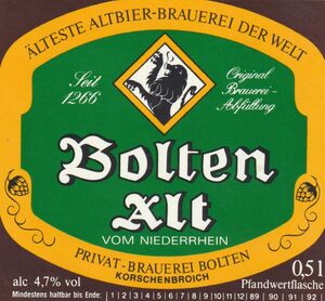 Drink Label: Bolten Alt (Privatbrauerei Bolten, Germany, Federal ...