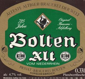 Štítok z nápoja: Bolten Alt (Privatbrauerei Bolten, NemeckoCol:DE-BEER ...
