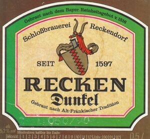 Drink Label: Recken Dunkel (Schlossbrauerei Reckendorf, Georg Dirauf GmbH & Co, Germany, Federal ...