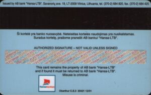 Bank Card: Visa Electron "Plants" (Hansabankas, Lithuania) Col:LT-VE ...