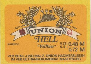 Drink Label: Union Hell (Brauerei Hadmersleben, Germany, Democratic ...