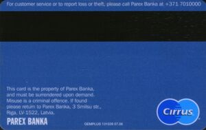 Bank Card: Cirrus Card (Parex Bank, LatviaCol:LV-CR-0003.03