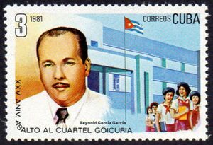 Stamp: Reynold Garcia Garcia, buildings, school children (Cuba(25th ...