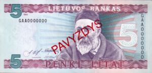 Banknote: 5 Litai (Lithuania(1993-1994 Litas Issue) Wor:P-55s