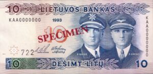 Banknote: 10 Litai (Lithuania(1993-1994 Litas Issue) Wor:P-56s