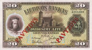 Banknote: 20 Litai (Lithuania(1929-1930 Commemorative Issue) Wor:P-27s