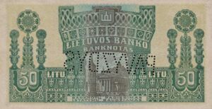 Banknote: 50 Litai (Lithuania(1922 November Issue) Wor:P-19s.1