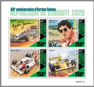 Stamp: 60th Anniversary of the Birth of Ayrton Senna (Djibouti) (Ayrton ...