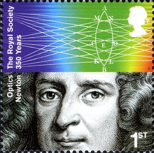 Stamp: Sir Isaac Newton (1642-1727), Color Spectrum, Optics Diagram ...