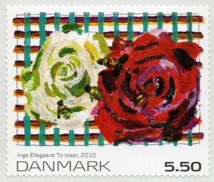 Stamp: Two roses by Inge Ellegaard (Denmark(Paintings 2010) Mi:DK 1617 ...