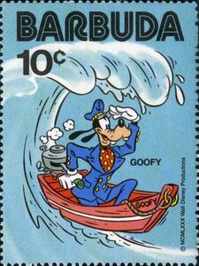 Stamp: Goofy in Motor Boat (Barbuda(Walt Disney Cartoon Characters ...