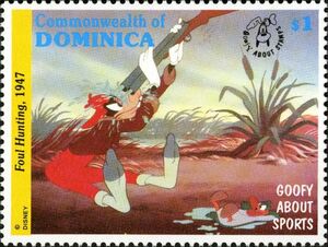Stamp: Foul Hunting, 1947 - Goofy with a rifle (Dominica) (Disney's ...