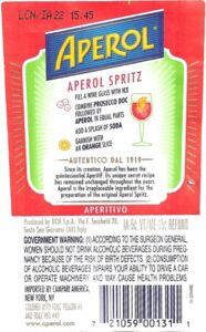 Drink Label: Aperol F.lli Barbieri Liqueur (Davide Campari S.P.A ...
