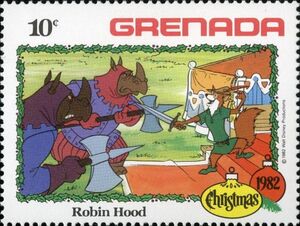 Stamp: Robin Hood fighting guards (Grenada(Disney - Christmas 1982 ...