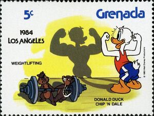 Stamp: Weightlifting - Donald Duck, Chip ´n´ Dale (Grenada(Disney ...