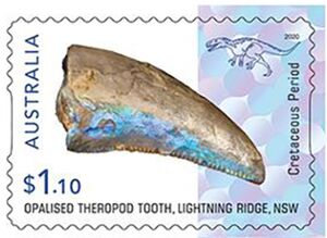Stamp: Opalized Theropod Tooth (Australia) (Opalized Fossils (2020)) Mi ...