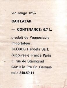 Drink Label: Car Lazar (Rubin Krusevac, YugoslaviaCol:YU-WINE-000020