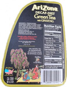 Drink Label: AriZona Decaf-Diet Green Tea Gingseng (AriZona Beverages ...