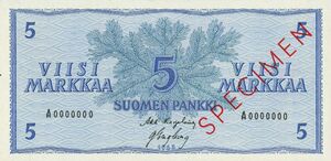Banknote: 5 Markkaa (Finland) (1963 Issue) Wor:P-99s