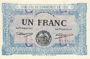 Banknote: 1 Franc (France - Chambre de Commerce and Villes) (Foix (09 ...
