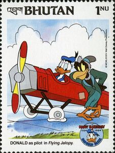 Stamp: Donald as pilot in "Flying Jalopy" (Bhutan(Disney - The 50th ...