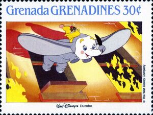 Stamp: Dumbo flying away from burning building (Grenada Grenadines ...