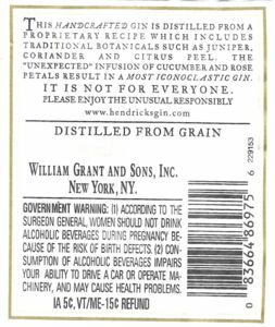 Drink Label: Hendrick's (William Grant & sons LTD, Scotland) Col:SQ-GIN ...