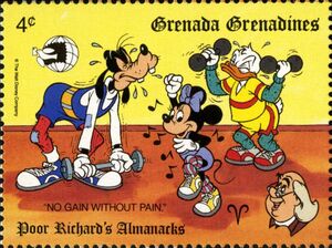 Stamp: "No Gain without Pain" - Goofy, Minney, Donald (Grenada ...