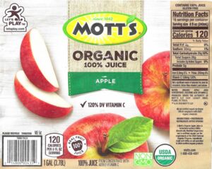 Drink Label: Mott's Organic Apple (Mott's LLP, United States of ...