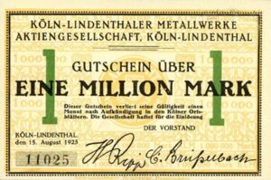 Banknote: 1 Million Mark (Rheinland(Köln-Lindenthal) Kel:2734a.1