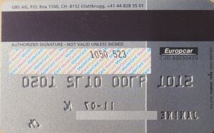 Bank Card: UBS MasterCard (Union Bank Of Switzerland, SwitzerlandCol:CH ...