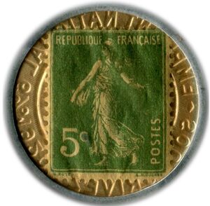 Coin: 5 Centimes (Type 5. Green stamp with golden marked text ...