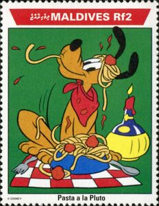 Stamp: Pasta a la Pluto - Pluto eating Pasta, Italy (Maldives(Disney ...