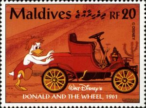 Stamp: Donald Duck the Caveman pushing a early Car (Maldives(Disney ...