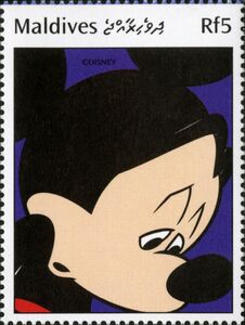 Stamp: Mickey Mouse looking tired (Lilac Background) (Maldives(Disney ...