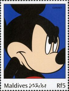 Stamp: Mickey Mouse frowning (Blue Background) (Maldives) (Disney - The ...