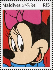 Briefmarke: Minnie Mouse smiling, looking left (Red Background ...