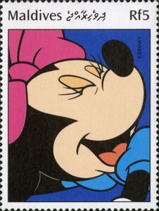 Stamp: Minnie Mouse with Eyes closed (Blue Background) (Maldives(Disney ...