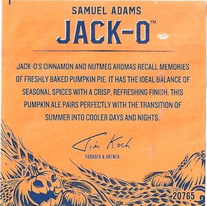 Drink Label: Samuel Adams Jack-O Pumpkin Ale (Boston Beer Co., United ...