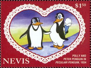 Stamp: Polly and Peter Penguin in "Peculiar Penguin", 1934 (Nevis ...