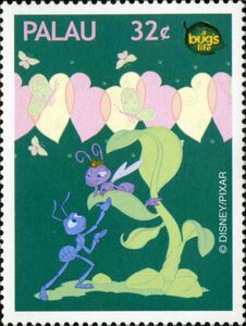 Stamp: Flik, Princess Atta (Ant) sitting on a Leaf (Palau(Disney/Pizar ...
