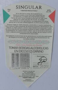 Drink Label: Singular (Boozios Liquors S.A.C., PeruCol:PE-VODKA-000001