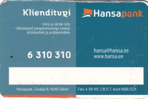 Bank Card: Account card - Klienditugi (Hansapank, EstoniaCol:EE-GM-0087.04