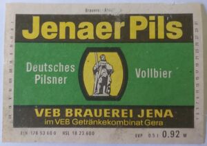 Drink Label: Jenaer Pils (VEB Brauerei Jena (im GK Gera), Germany ...